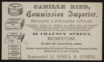 Trade card for Camille Reid, commission importer, 42 Chauncy Street ...