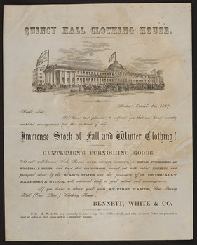 Handbill for Quincy Hall Clothing House, Bennett, White & Co., Boston ...