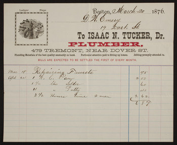 Billhead for Isaac N. Tucker, Dr., plumber, 479 Tremont Street, near ...