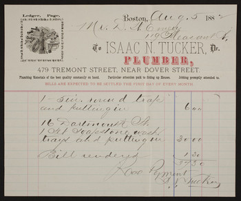 Billhead for Isaac N. Tucker, plumber, 479 Tremont Street, near Dover ...