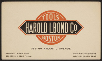 Trade card for Harold L. Bond Co., tools, 383-391 Atlantic Avenue ...