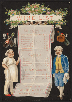 Trade card for Jacob Wirth, wine list, 37 & 39 Eliot Street, Boston ...