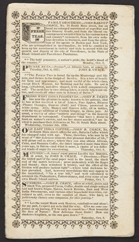 Advertisement for John Barnet Chace, family groceries, No.34 South Main ...