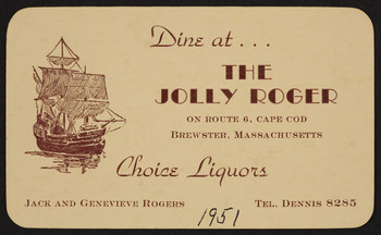 Trade card for The Jolly Roger Restaurant, Route 6, Cape Cod, Brewster ...