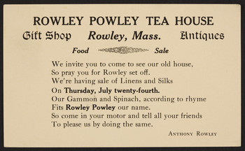 Postcard for the Rowley Powley Tea House, gift shop, antiques, Anthony ...