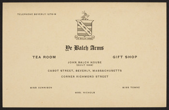 Trade card for John Balch House, tea room, gift shop, Cabot Street ...