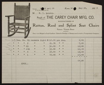 Billhead for The Carey Chair Mfg. Co., rattan, reed, and splint seat ...