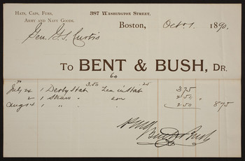 Billhead for Bent & Bush, Dr., hats, caps, furs, army and navy goods ...