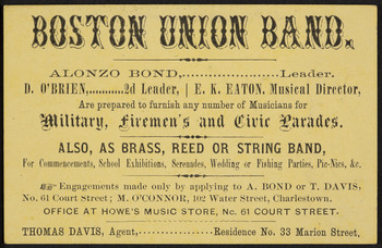Trade card for the Boston Union Band, office, Howe's Music Store, No ...
