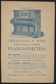 Trade card for Chickering & Sons, grand, square and upright piano ...