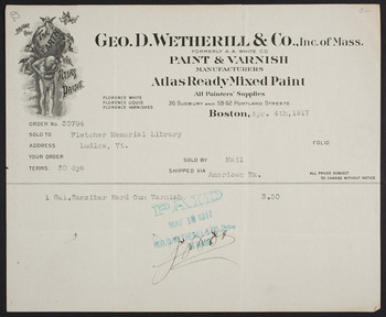 Billhead for Geo. D. Wetherill & Co., Inc. of Mass., paint & varnish ...
