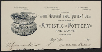 Letterhead for The Goodwin Bros. Pottery Co., manufacturers of artistic ...