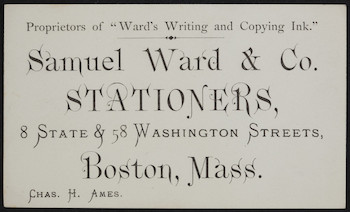 Trade card for Samuel Ward & Co., stationers, 8 State & 58 Washington ...