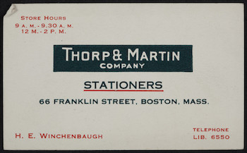 Trade card for Thorp & Martin Company, stationers, 66 Franklin Street ...