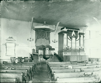 Interior of Old Ship Church, Hingham, before restoration and with 18th ...
