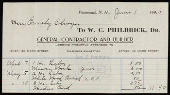 Invoice to Miss Emily Elwyn from W. C. Philbrick for masonry | Historic ...