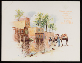 Trade card for Nestor Cigarettes, men and camels on a riverbank, Nestor ...