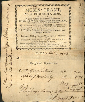 Billhead for Moses Grant, English paper-hangings and borders, No. 6 Union Street, Boston, Mass ...