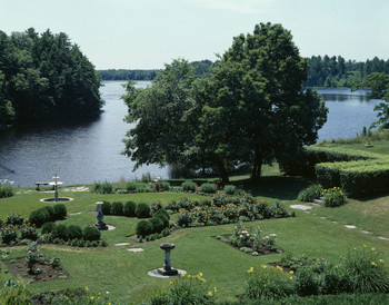 View over gardens and Salmon Falls River, Hamilton House, South Berwick ...