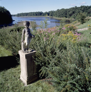 Statue with garden and river, Hamilton House, South Berwick, Maine ...