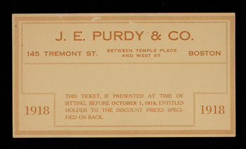 Ticket, J.E. Purdy & Co., photography, 145 Tremont Street, between ...