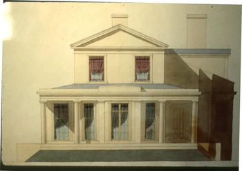 Front elevation of an unidentified Greek Revival cottage, designed by ...