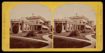 Stereograph of exterior of main house and conservatory, Hunnewell ...
